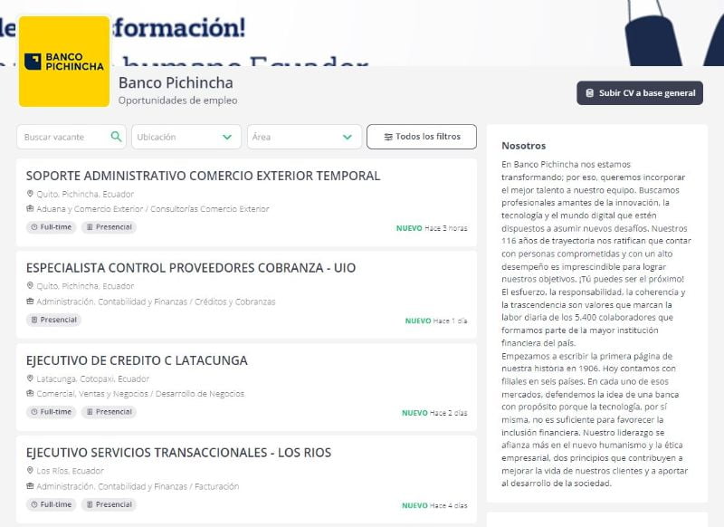 Trabaja con nosotros Banco Pichincha - Trabajo en Línea
